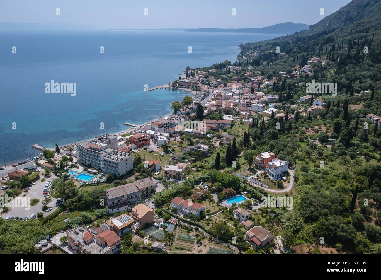 Aerial view of Benitses, small village on a east shore of Greek Island ...