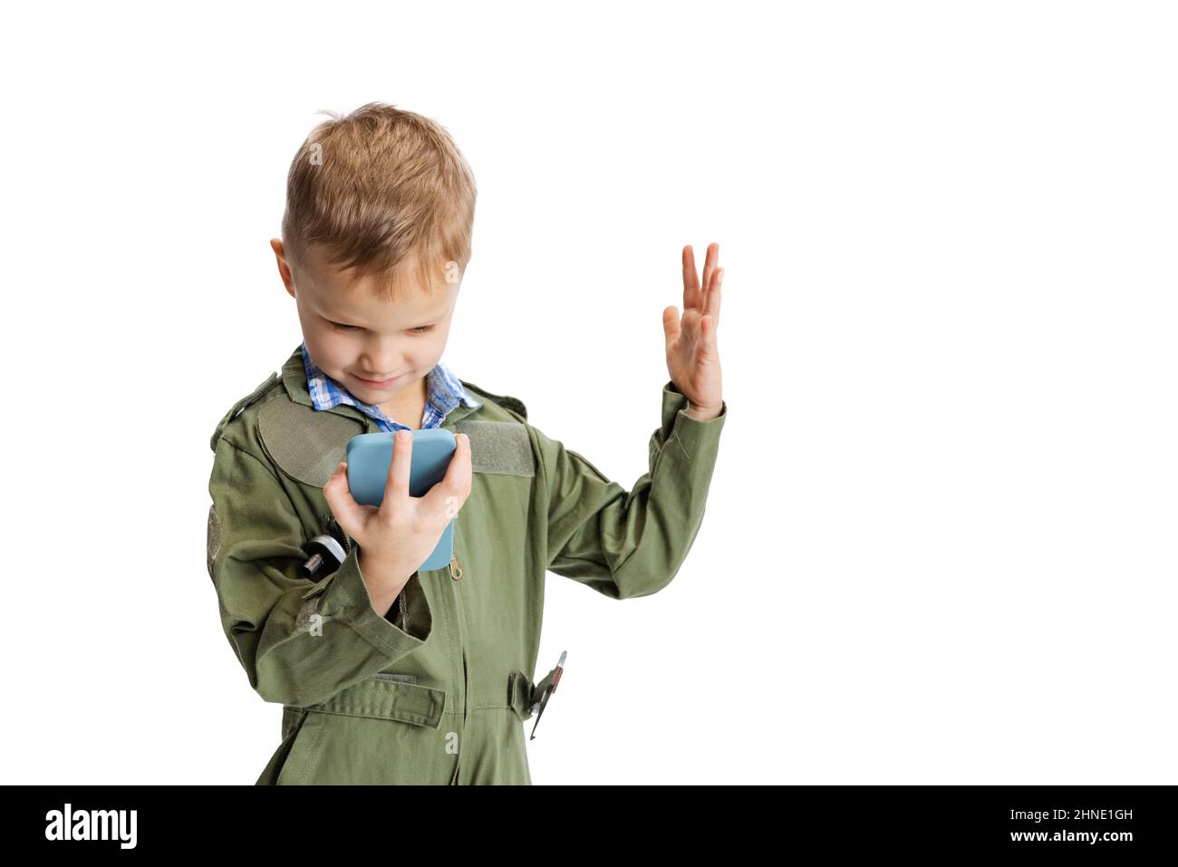 Portrait of little boy, cute kid in image of auto mechanic or fitter in ...