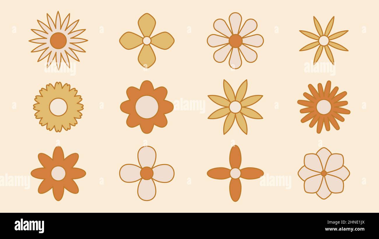 Collection of simple blooming flowers in 1970s psychedelic hippie style ...
