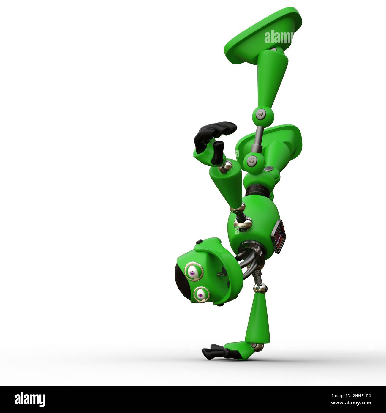 3D-illustration of a cute and funny cartoon robot making a handstand ...
