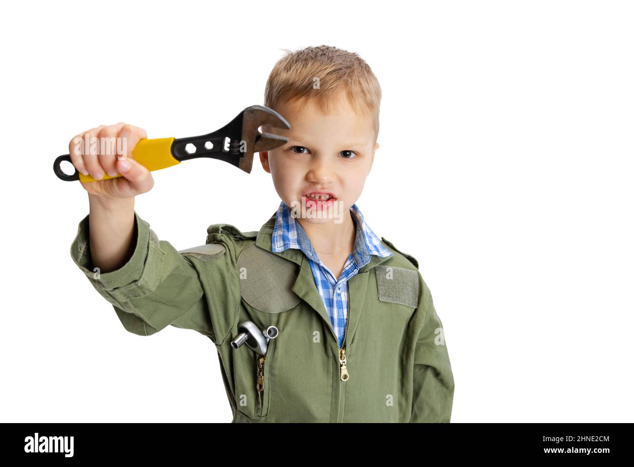Emotional little boy, cute kid in image of auto mechanic or fitter in ...