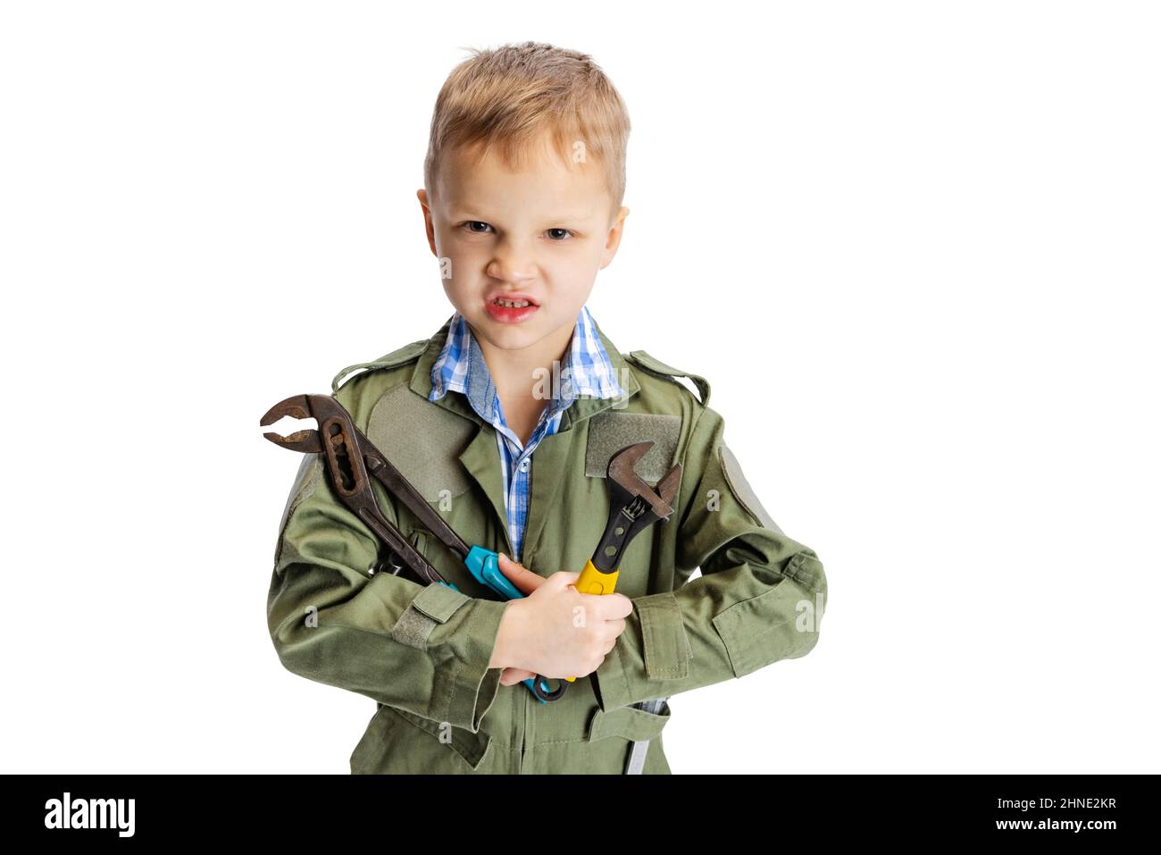 Emotional little boy, cute kid in image of auto mechanic or fitter in ...