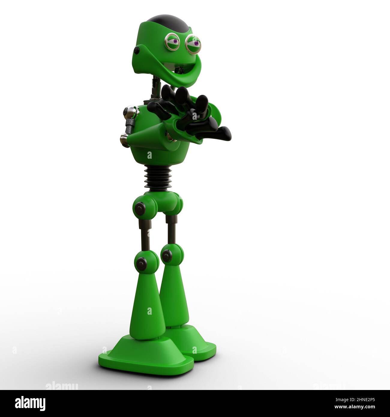 3D-illustration of a cute and funny cartoon robot calling with hands ...