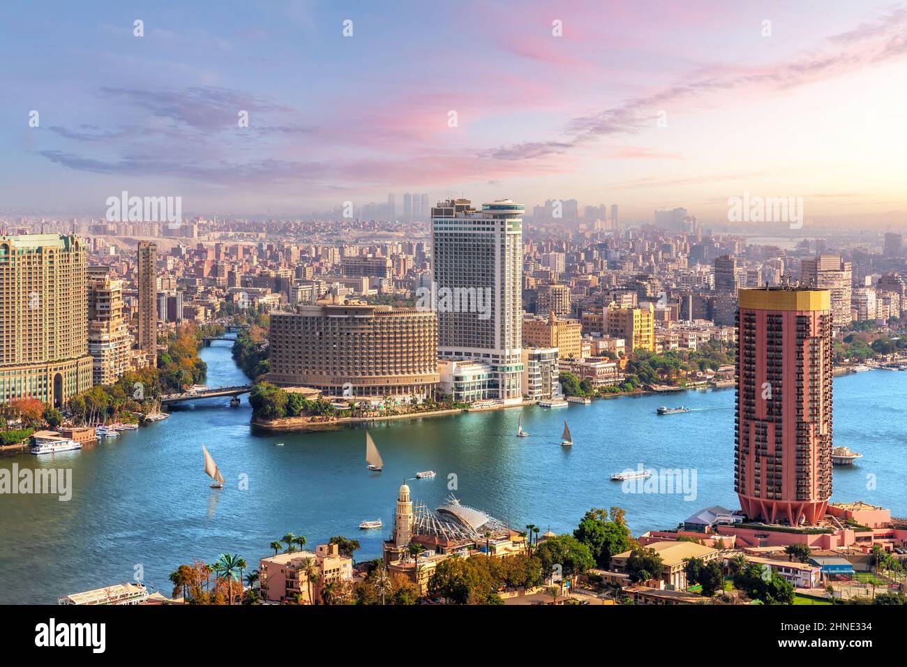 Skyline over the Nile in Cairo before sunset, aerial view, Egypt Stock ...
