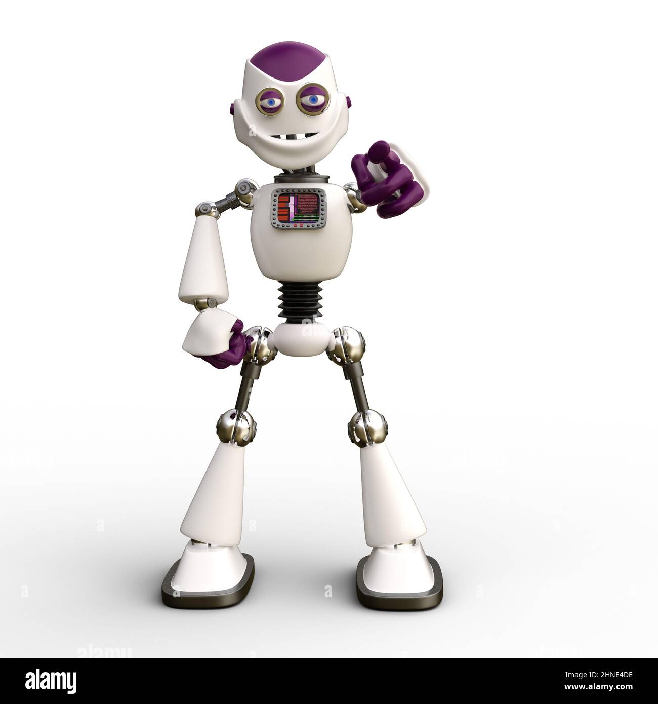 3D-illustration of a cute and funny cartoon robot pointing towards you ...