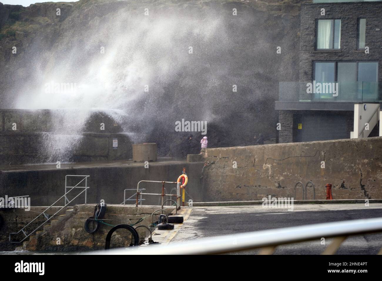 Big waves hit the sea wall at Whitby Yorkshire, before Storm Dudley ...