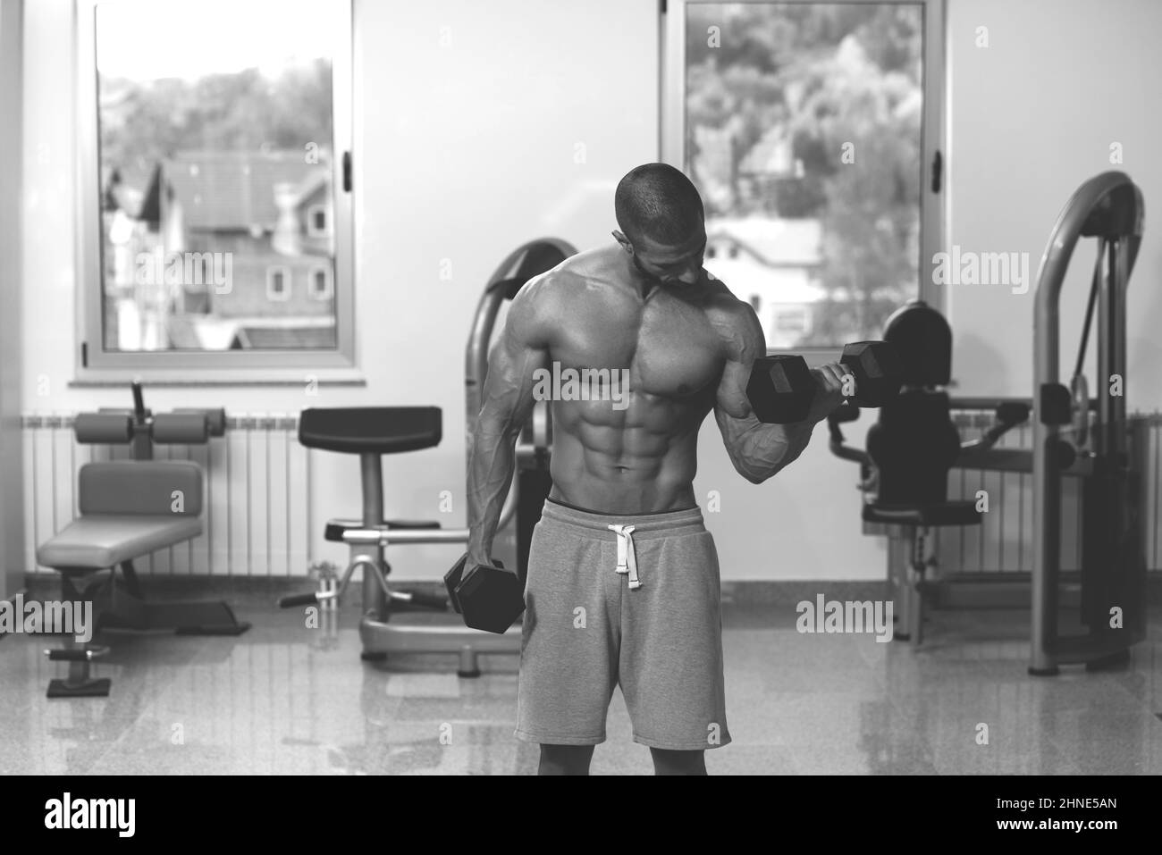 Male bodybuilder flexing his biceps Black and White Stock Photos ...