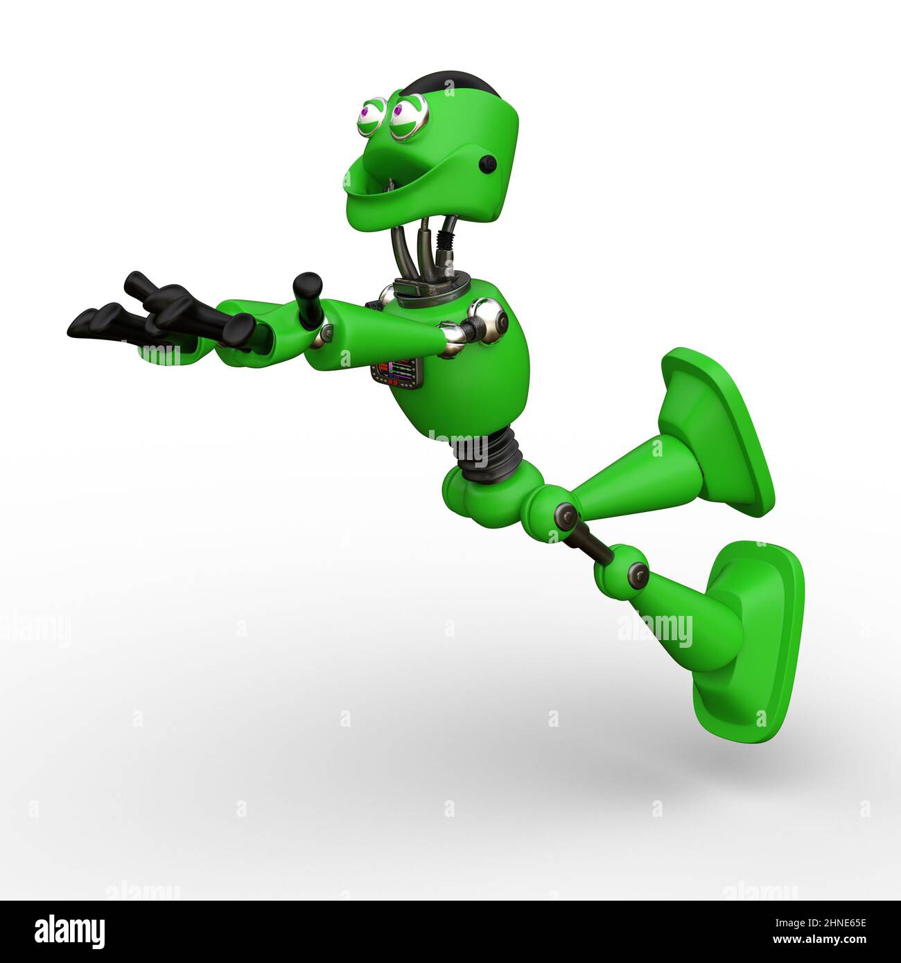 3D-illustration of a cute and funny cartoon robot catching something ...