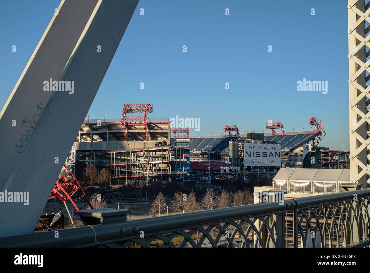 The John Seigenthaler Pedestrian Bridge with a view of the Nissan ...