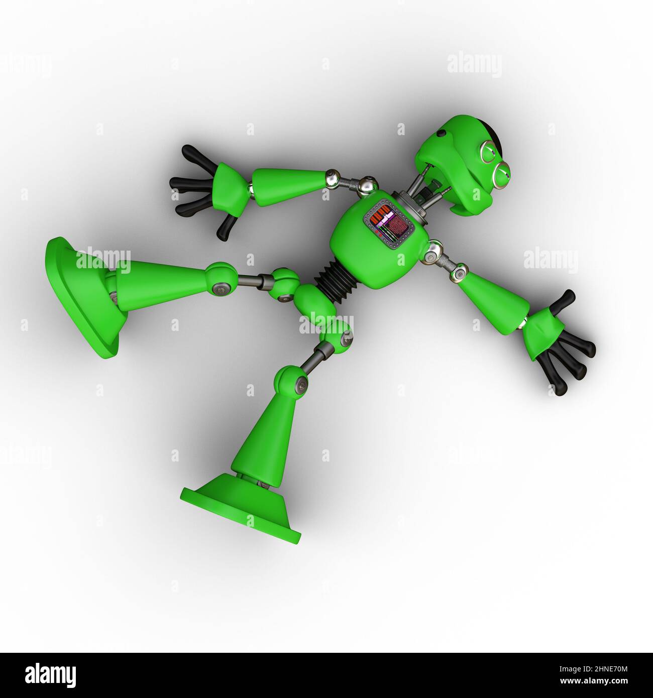 3D-illustration of a cute and funny cartoon robot switched off ...