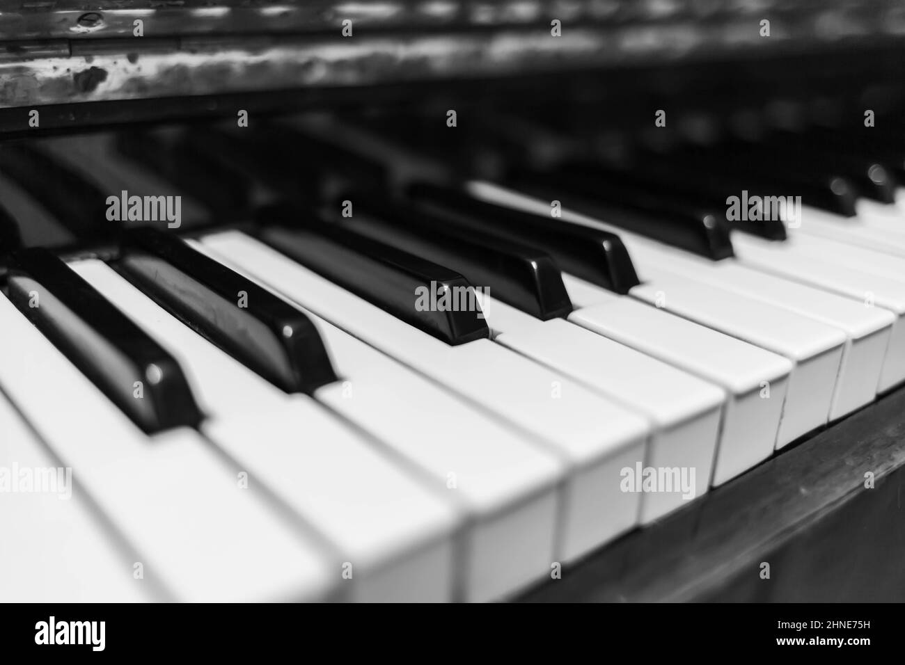 Piano keys closeup. Musical instrument in black and white photo Stock ...