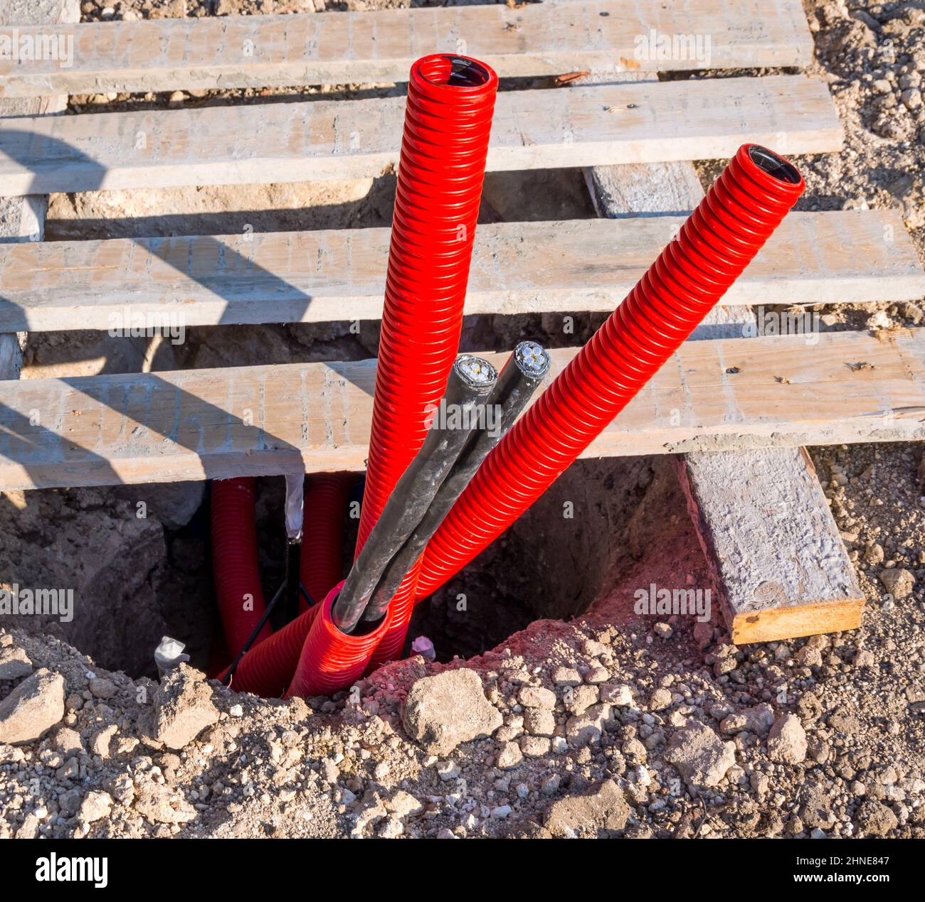 Exit point of underground electrical communications at a construction ...