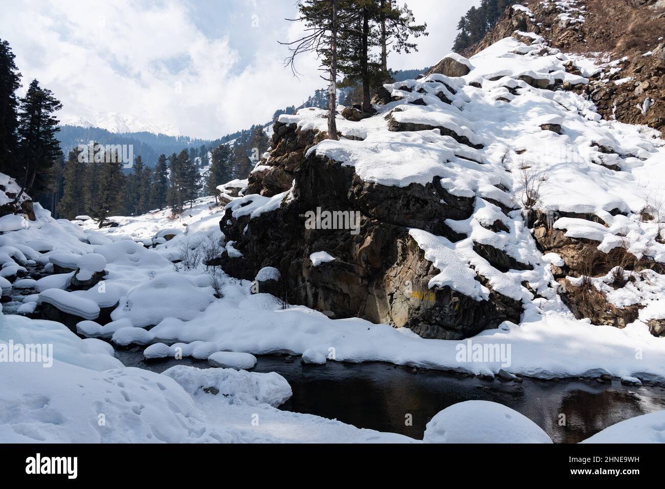 A view of snow covered slopes in Drung. Drung, a small village is a ...
