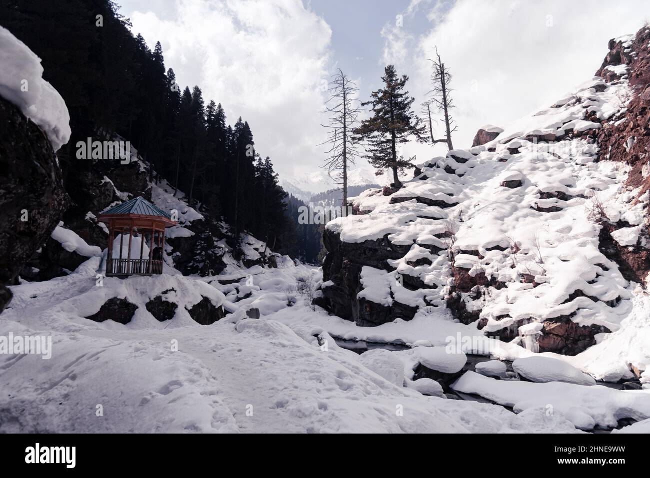 A view of snow covered slopes in Drung. Drung, a small village is a ...