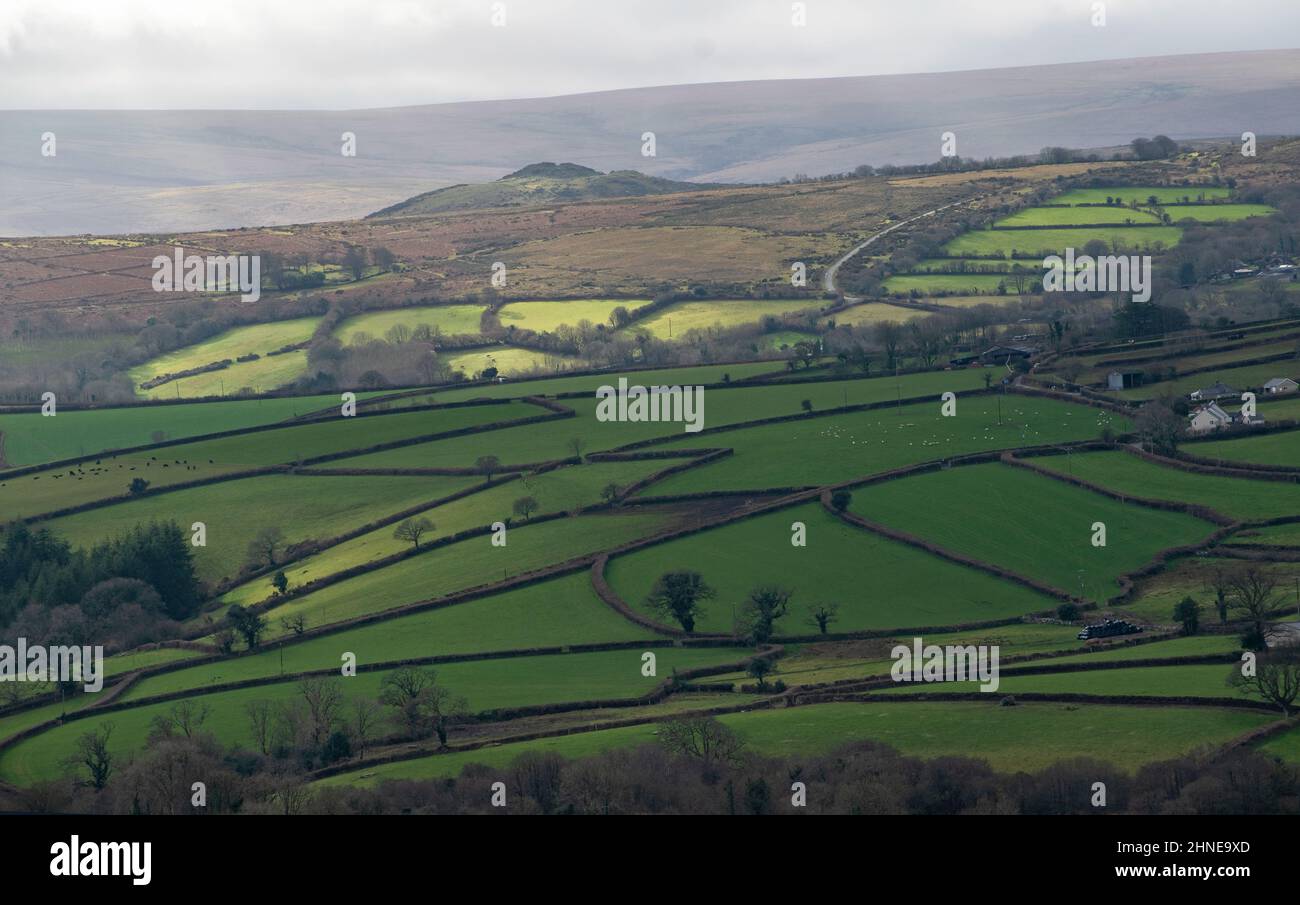 Stunning Dartmoor view looking down on a patchwork of green fields at ...