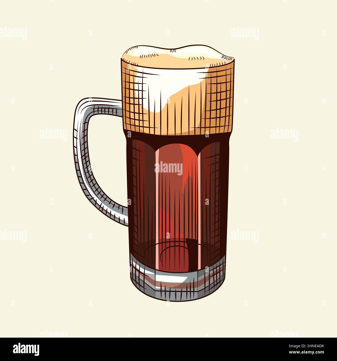Full beer mug with foam isolated on light background. Hand drawn style ...