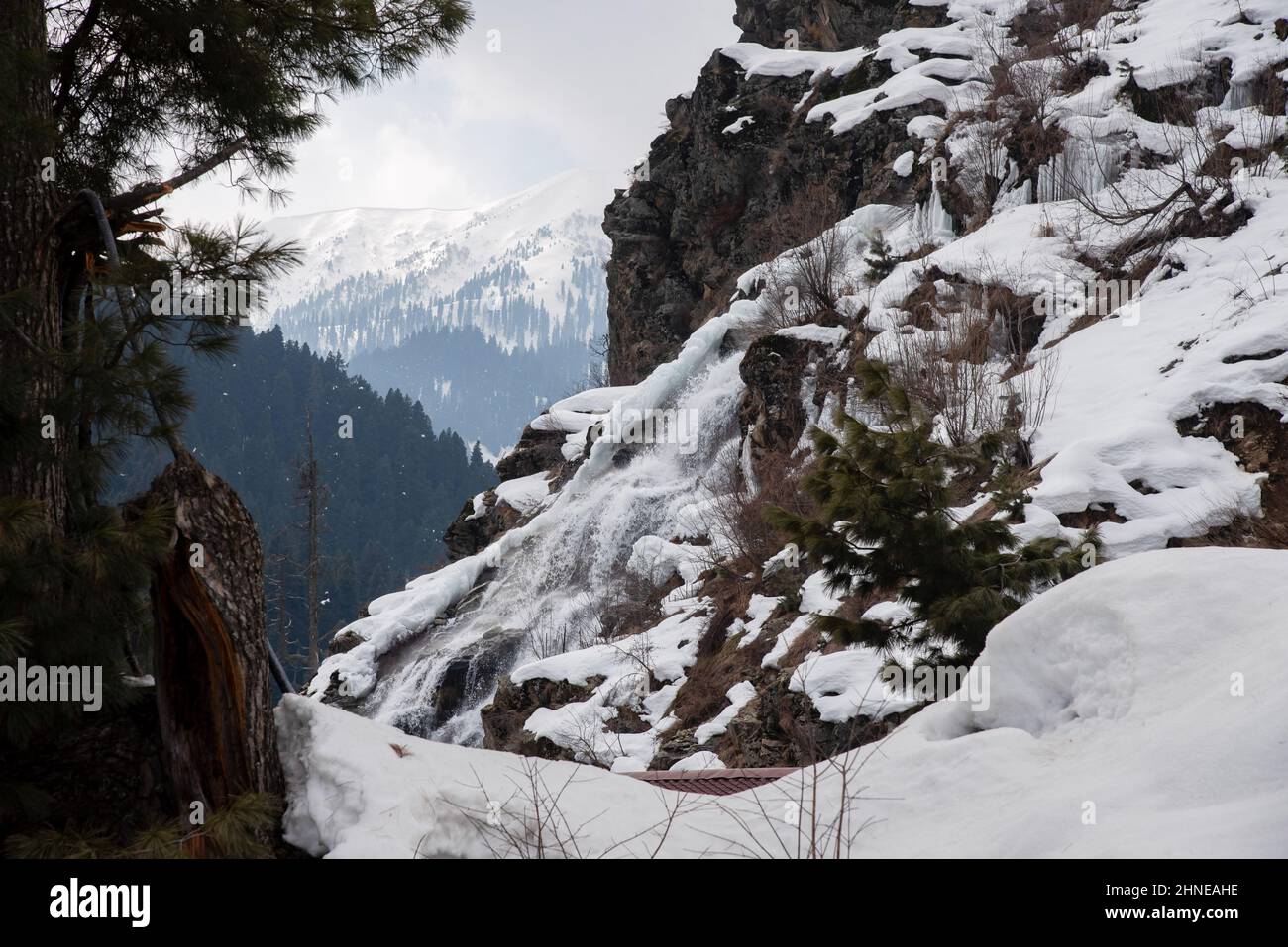 Baramulla, India. 16th Feb, 2022. A view of a waterfall with a backdrop ...