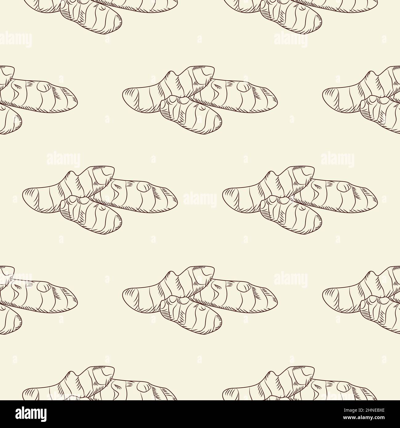 Hand drawn ginger root seamless pattern. Ginger wallpaper. Engraving ...