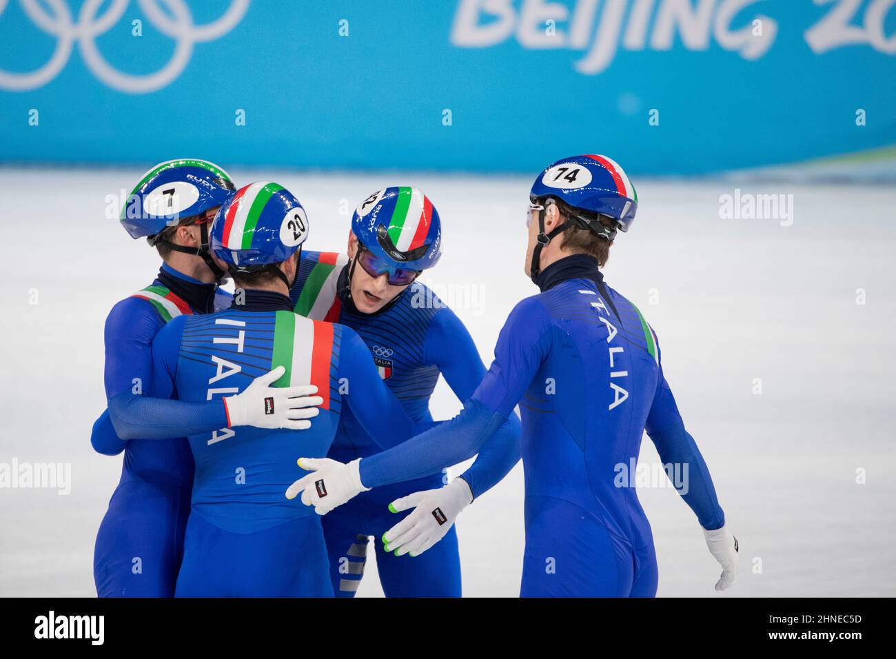 Italy's Team (ITA) February 16, 2022 Short Track Speed Skating, Men's 5000m Relay Final during ...