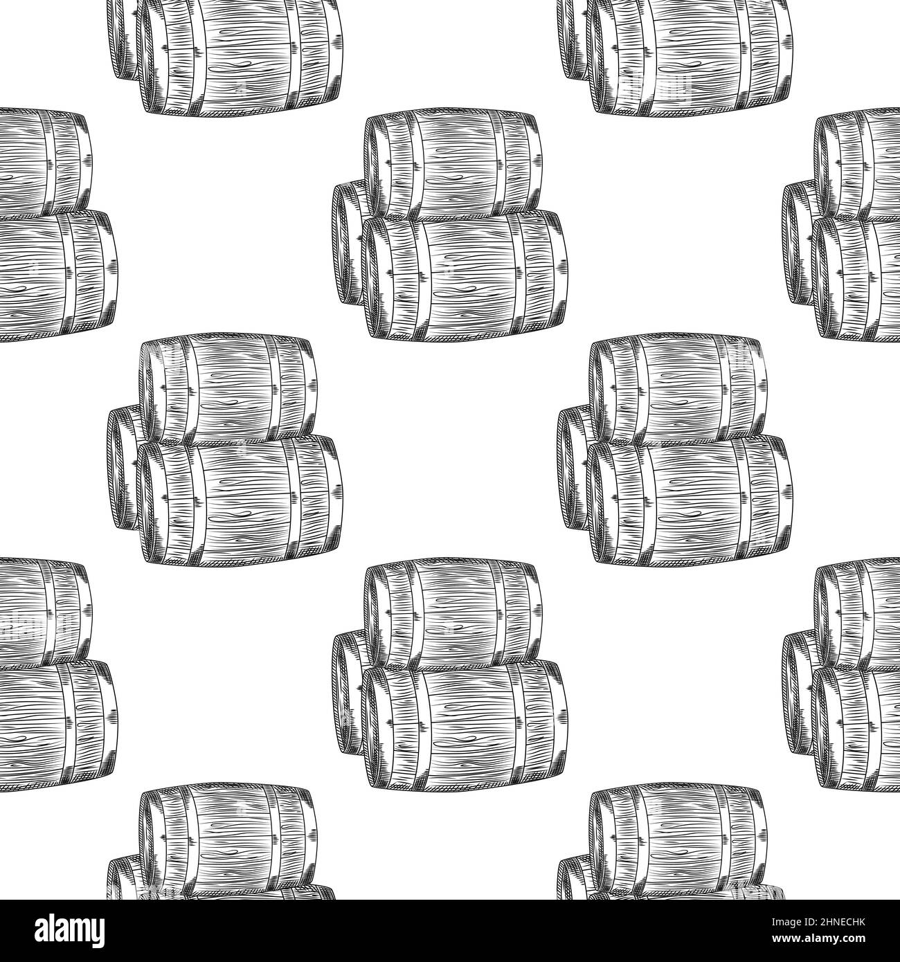 Hand drawn wood barrel seamless pattern on white background. Barrel ...