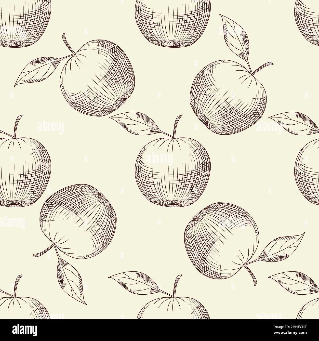 Hand drawn apples seamless pattern. Apple fruit wallpaper. Engraving ...