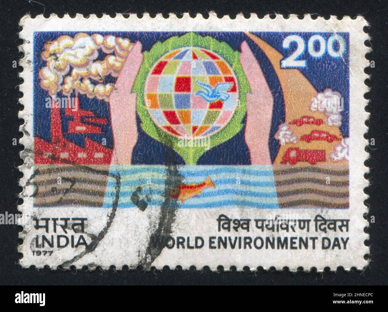 INDIA - CIRCA 1977: stamp printed by India, shows globe and hands ...