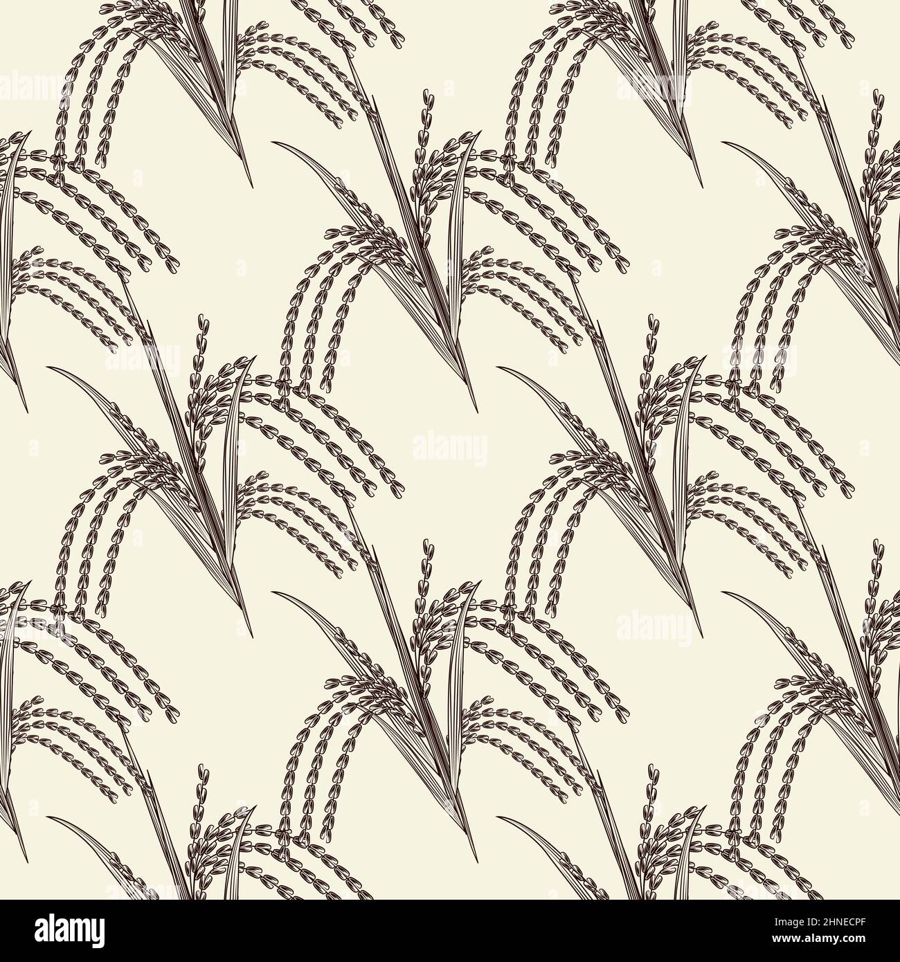 Hand drawn rice grain seamless pattern. Rice ear wallpaper. Engraving ...