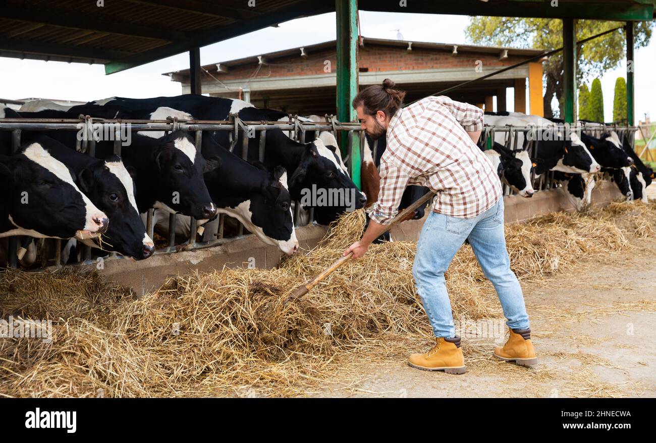 Happy man farmer with shovel working at farm Stock Photo - Alamy