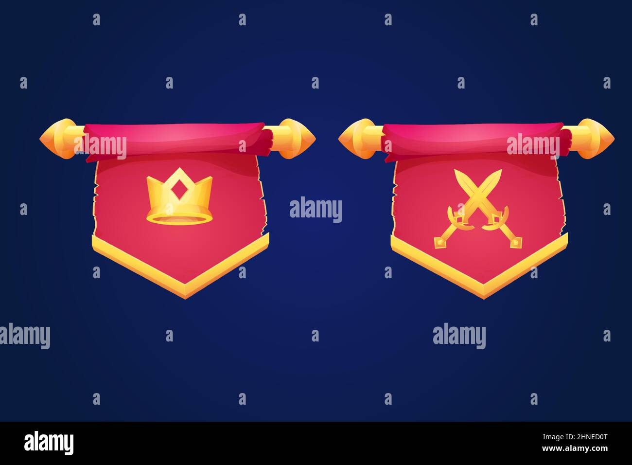 Set red hanging medieval banner flags with cloth texture and golden ...