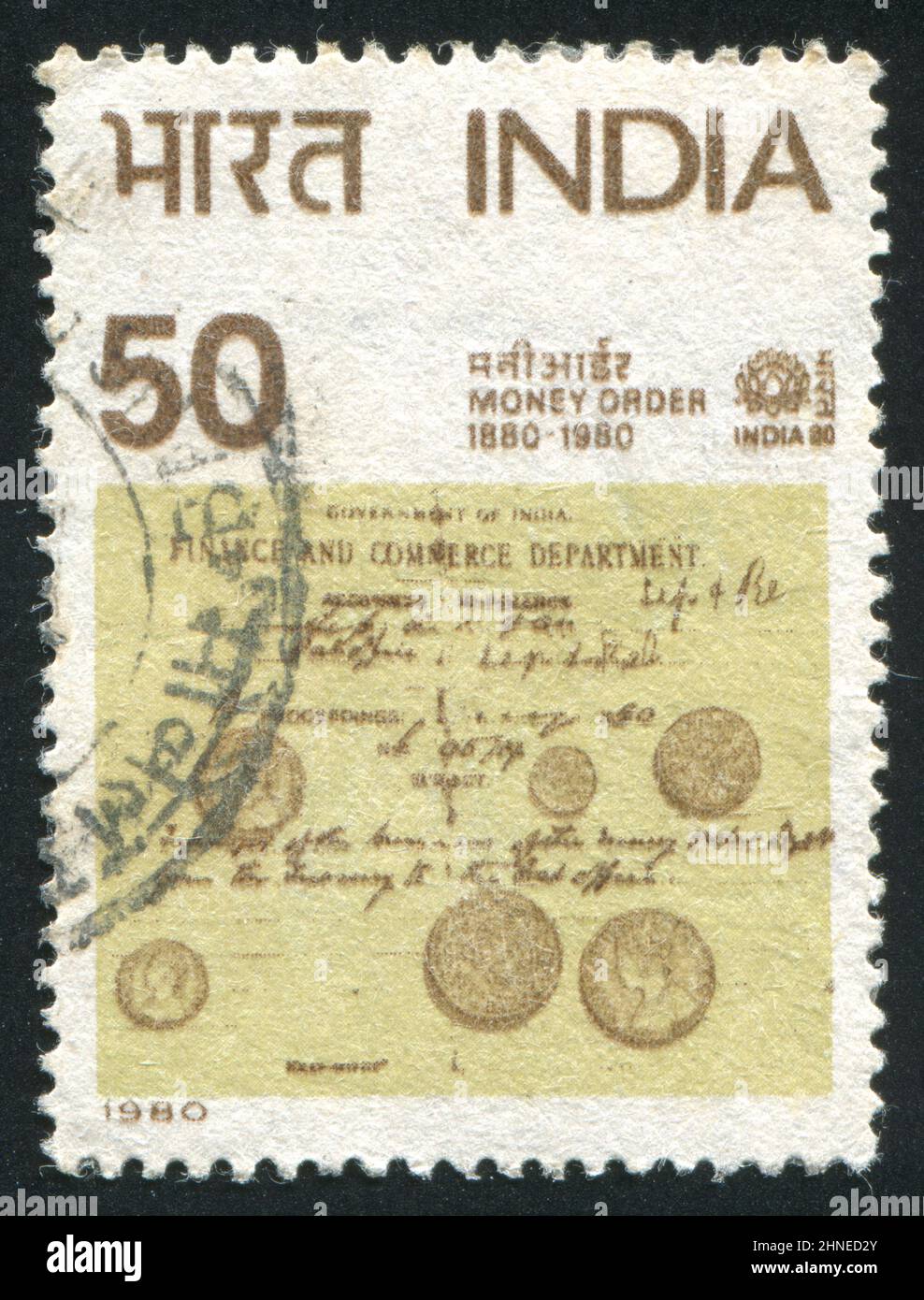 INDIA - CIRCA 1980: stamp printed by India, shows Money Order Centenary ...