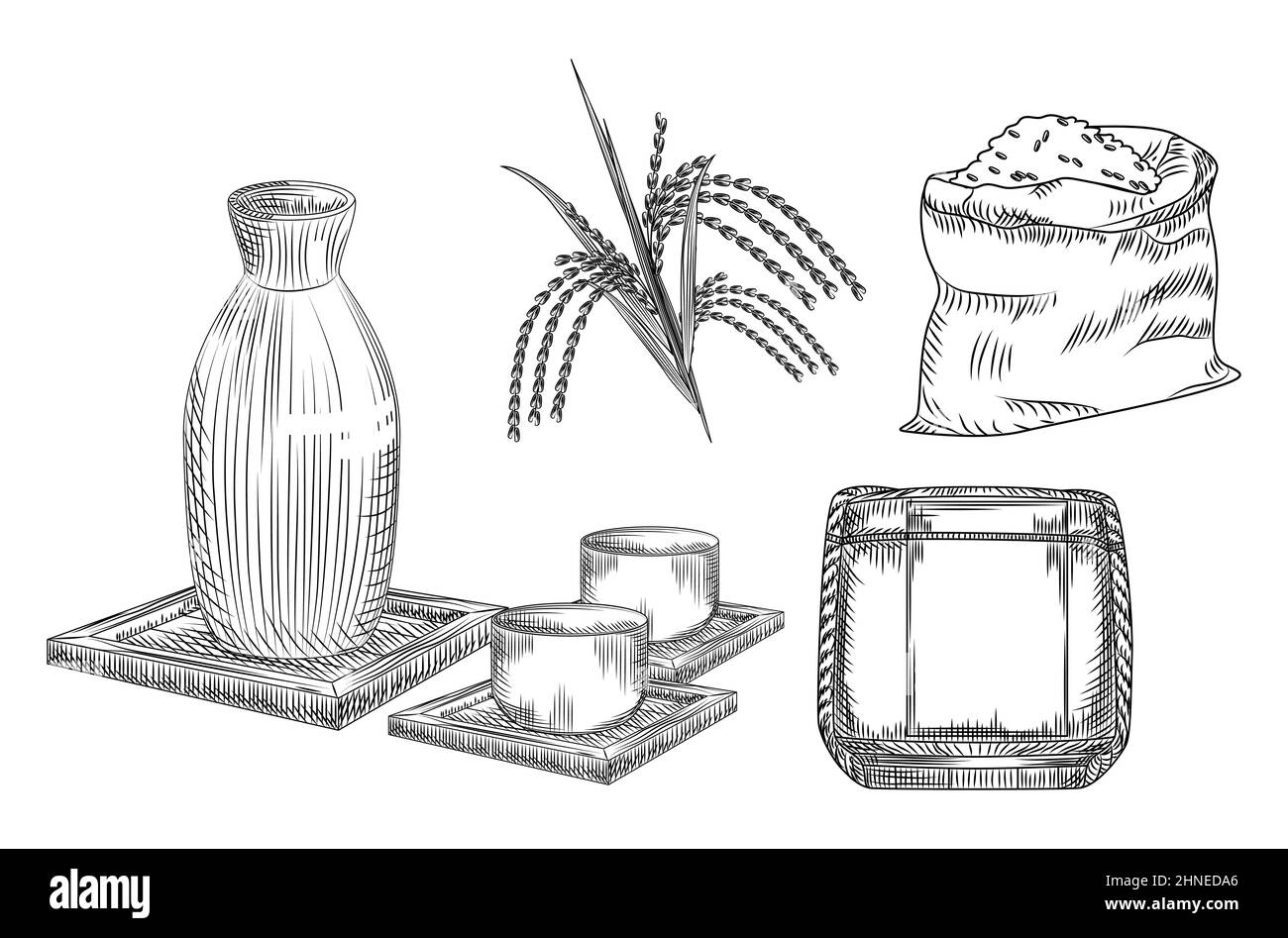 Set of sake. Traditional Japanese rice alcohol drink. Collection of ...