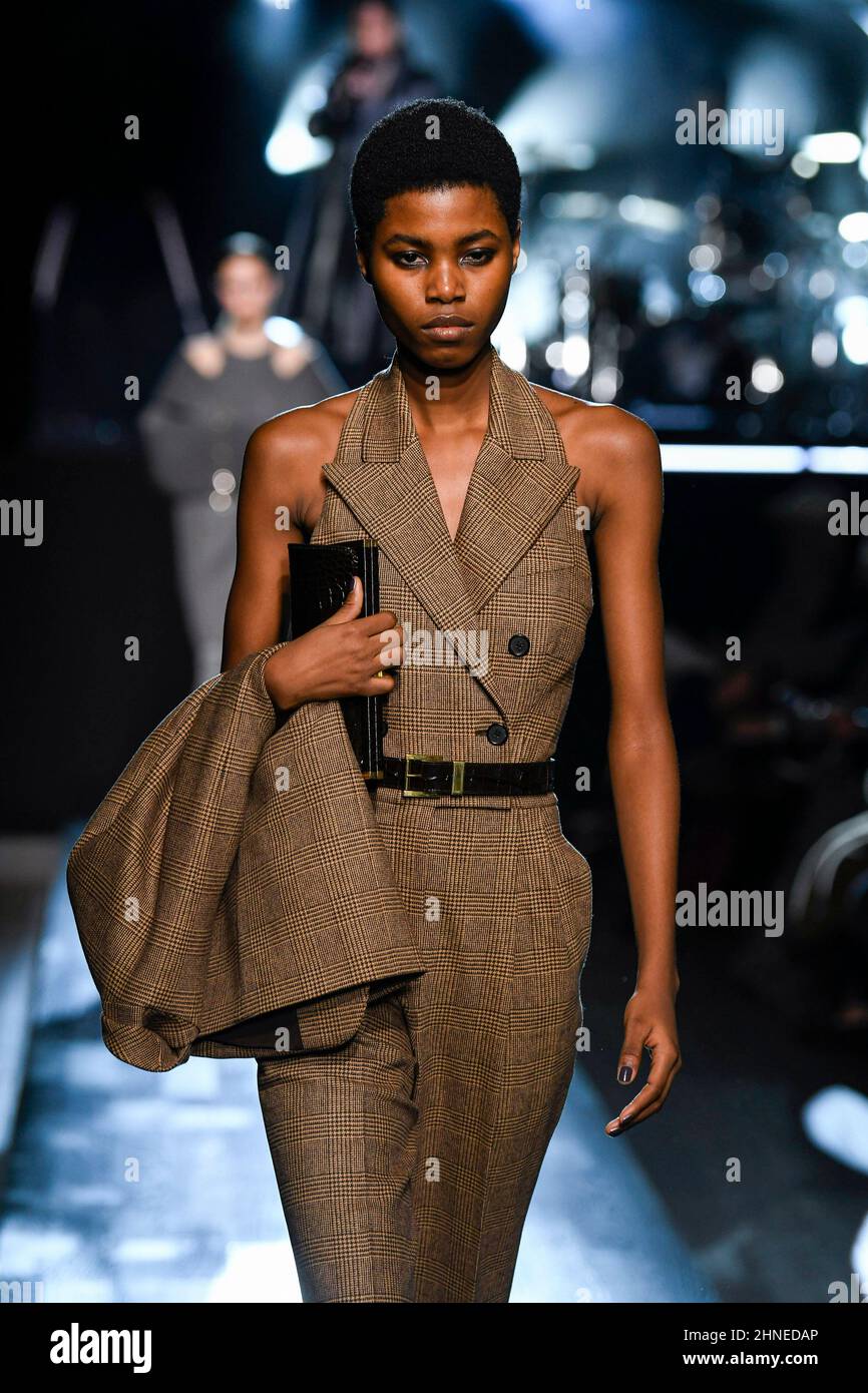 New York, USA. 15th Feb, 2022. Model Victoria Fawole walks on the ...