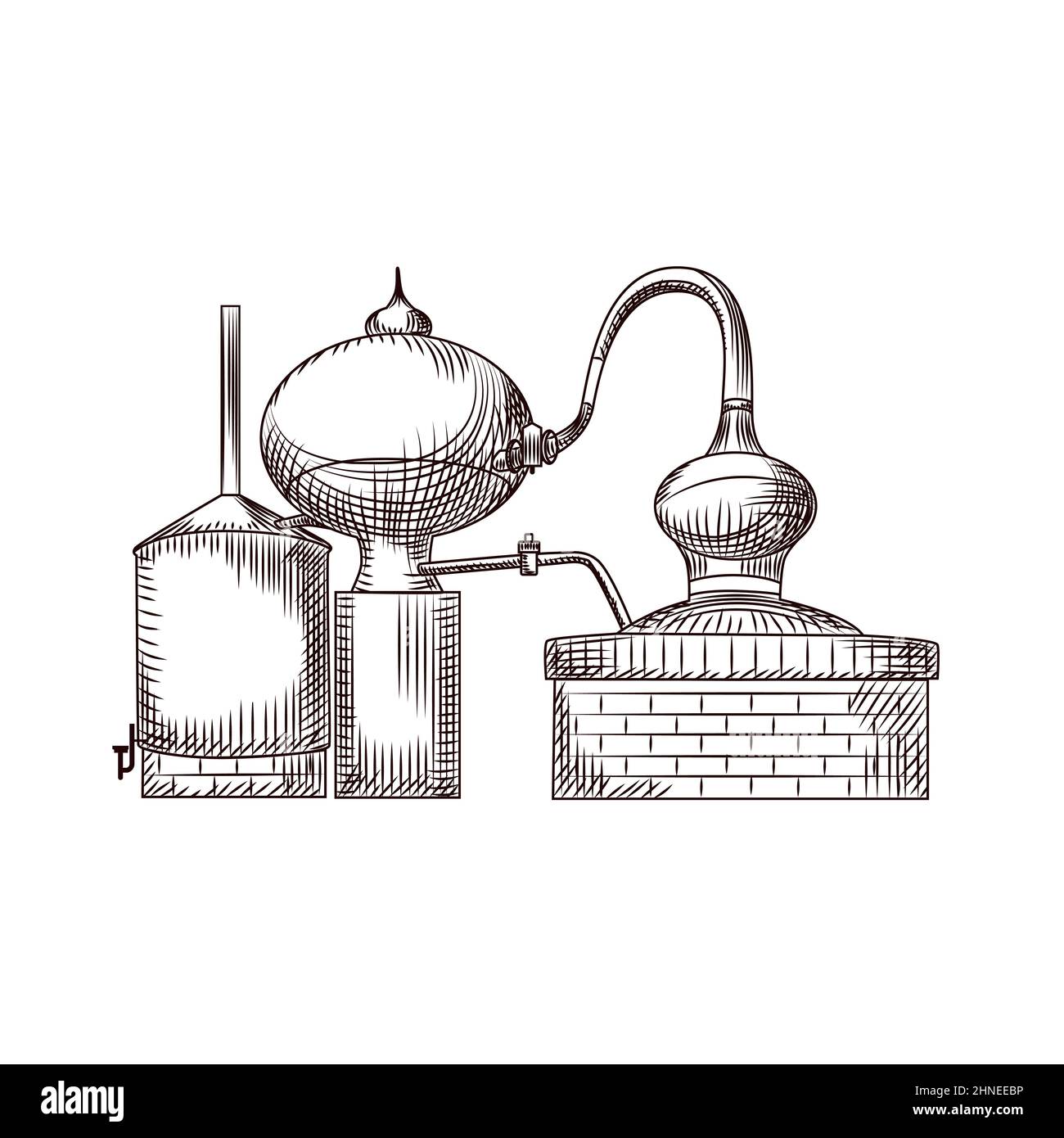 Hand drawn copper cube isolated on white background. Alembic vintage ...