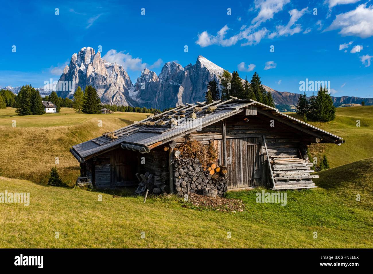 Hilly agricultural countryside with wooden huts and trees at Seiser Alm ...
