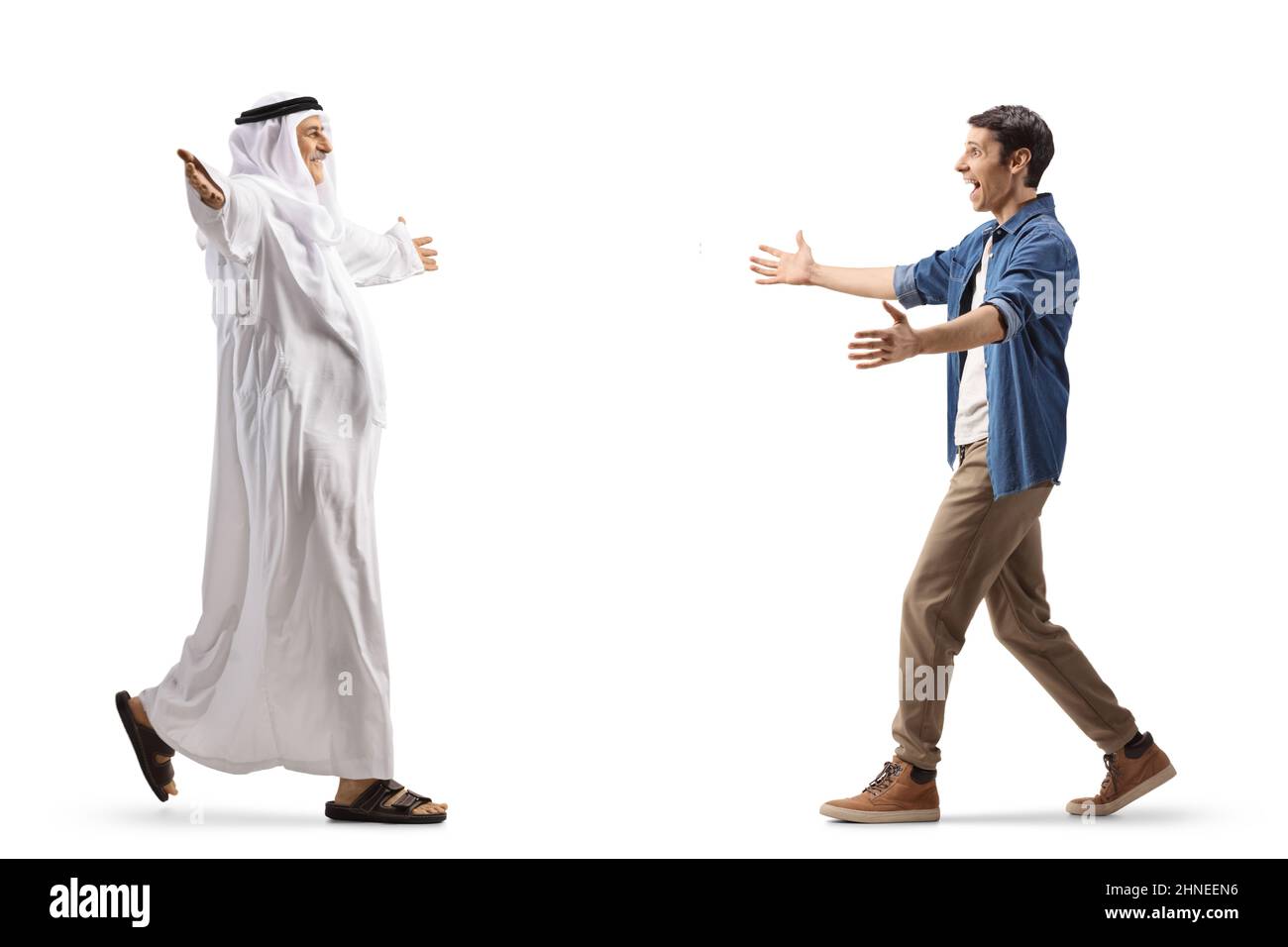 Full length profile shot of an arab man walking with open arms towards ...