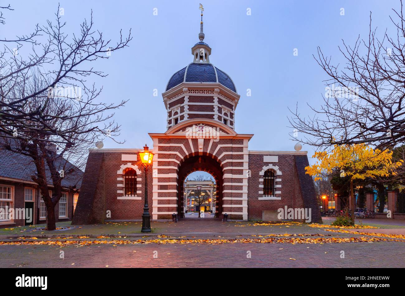 The old western city gate Morsport at night. Leiden. Netherlands Stock ...