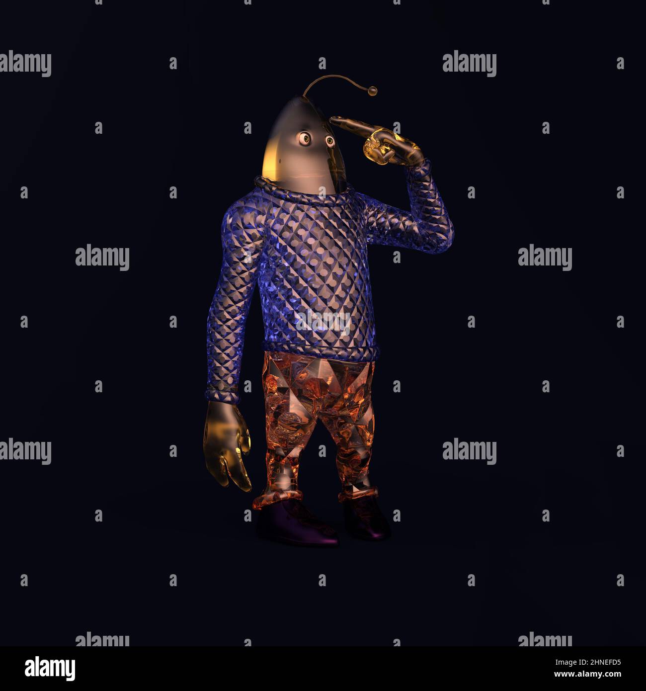 3d-illustration of a funny isolated saluting scifi fish alien with ...