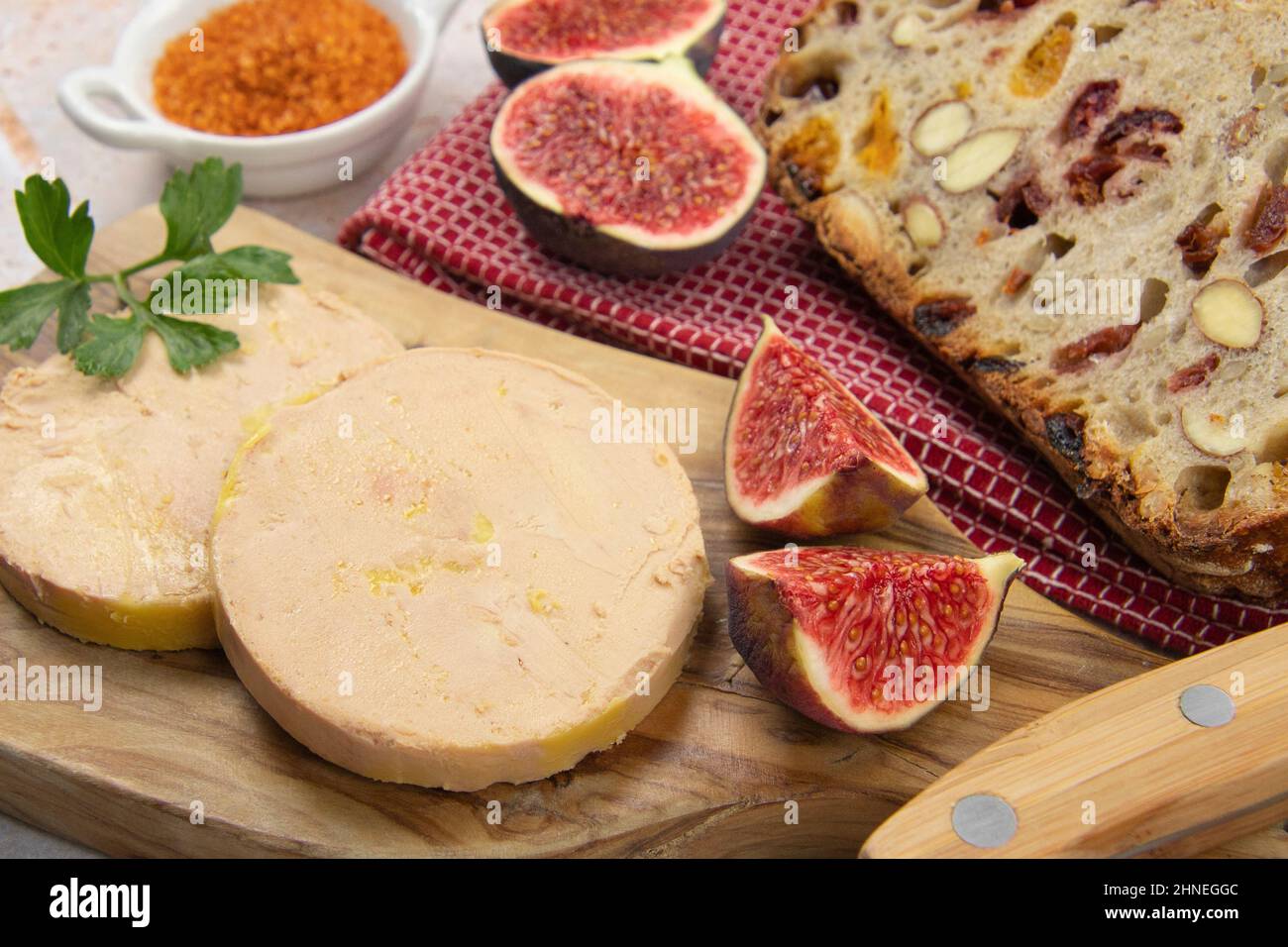 foie gras accompanied by dried fruit bread with fresh figs Stock Photo ...