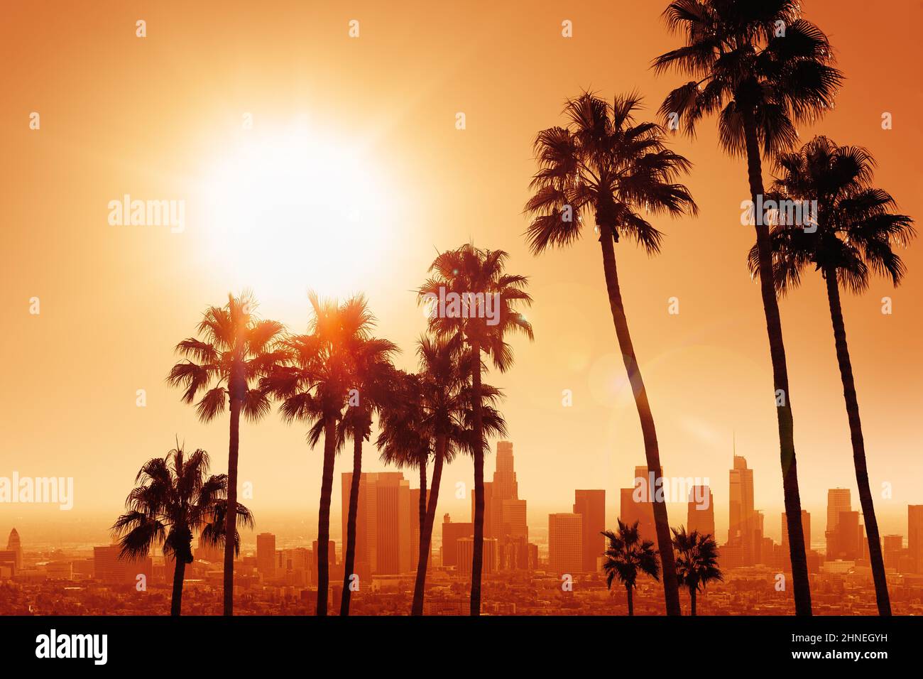the skyline of los angeles during sunrise Stock Photo - Alamy