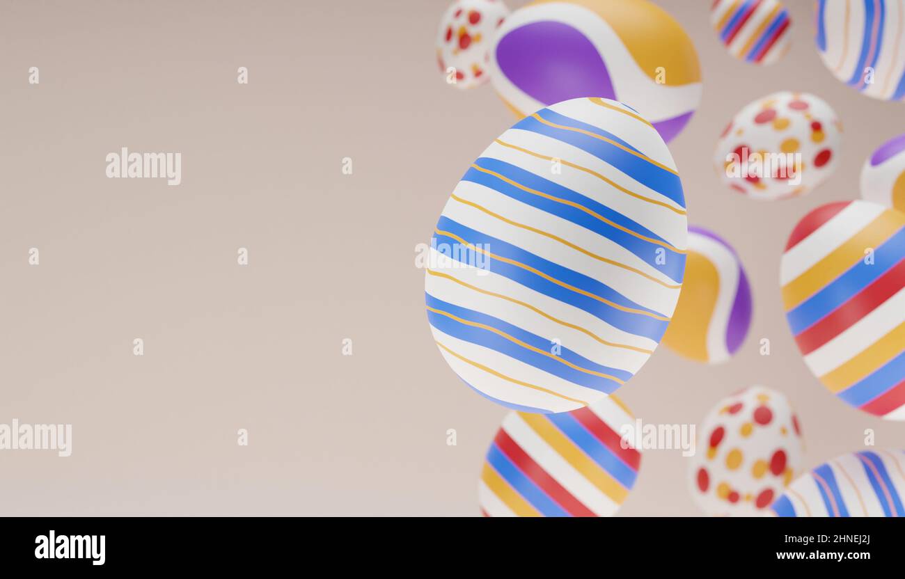 Easter composition with levitation 3d rendering colorful egg. Happy ...