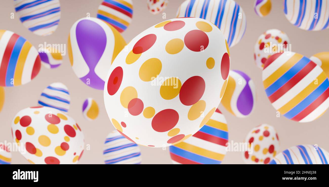 Easter composition with levitation 3d rendering colorful egg. Happy ...