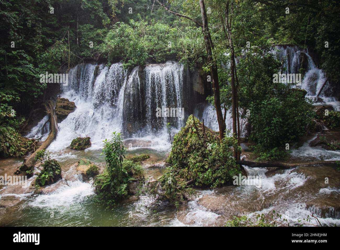 Waterfall flowing over the rocks in Lacandon forest, Chiapas, Mexico ...