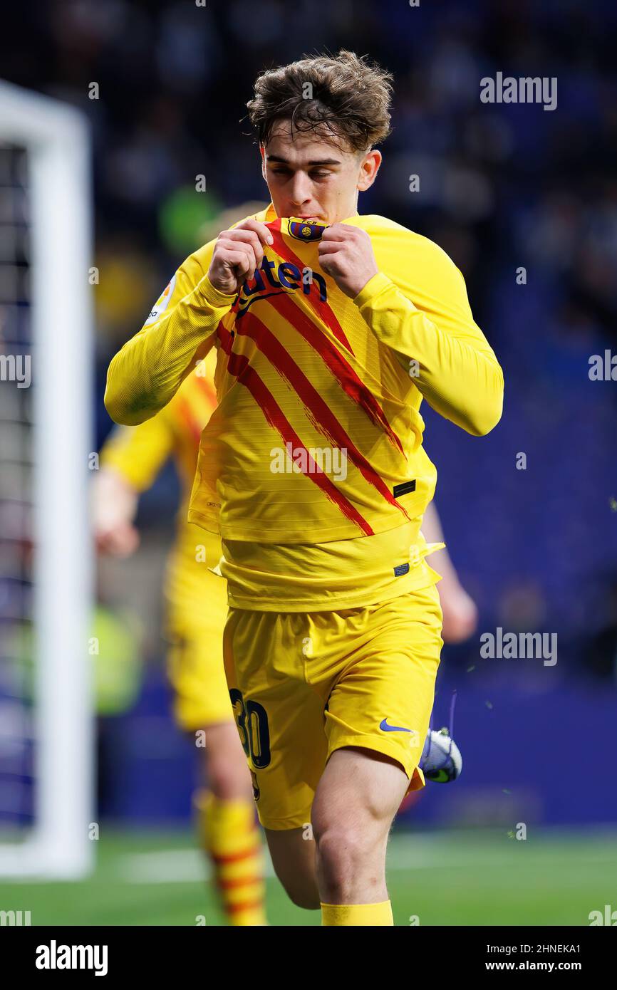BARCELONA - FEB 13: Pablo Gavi celebrates after scoring a goal during ...