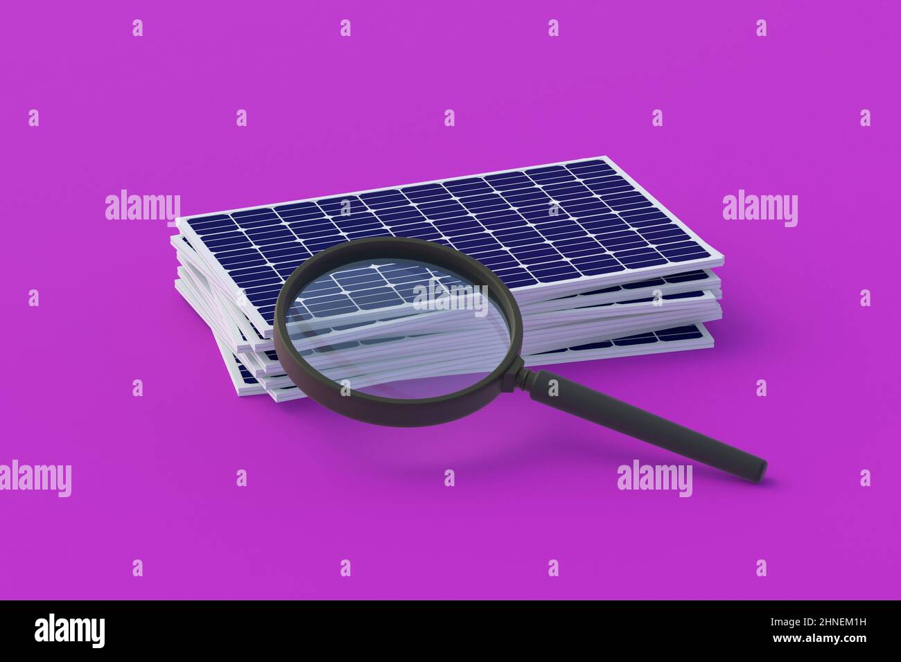 Heap of solar panels near magnifier. Research of photovoltaic elements ...