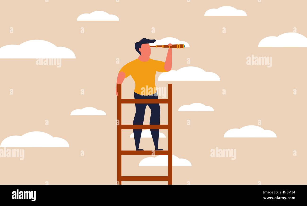 Future high ladder with forward man on sky. Work staircase growth and ...