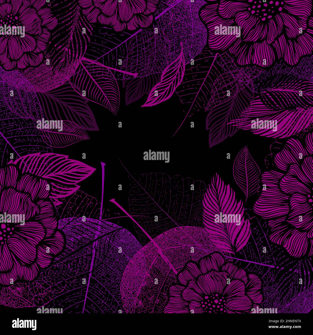 Square frame of purple leaves. On a dark background. Vector ...