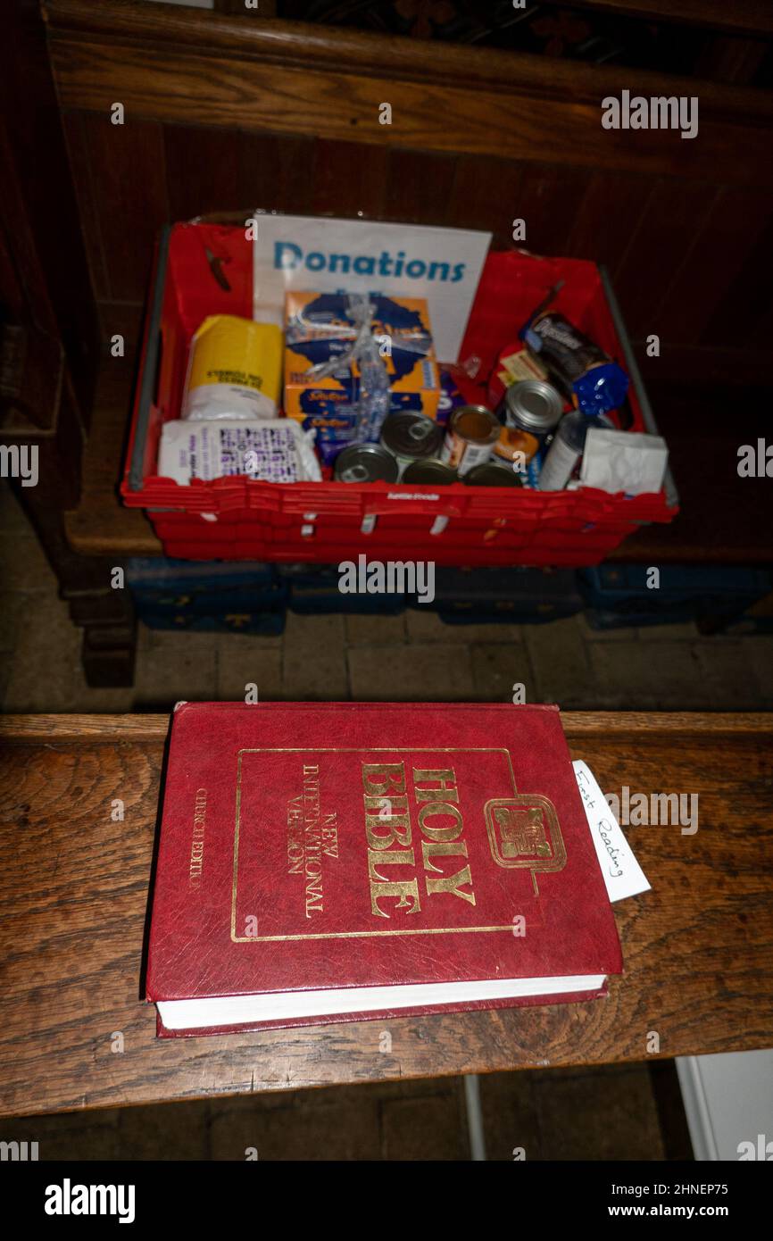Food bank Collection boxs in Church Stock Photo - Alamy