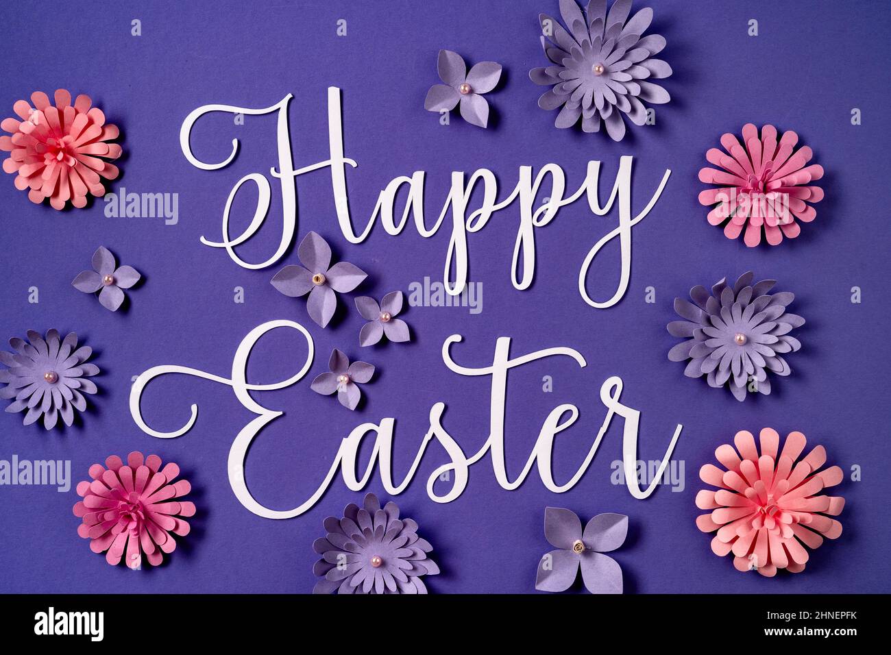 Happy Easter floral design. Flower violet background with greeting text ...