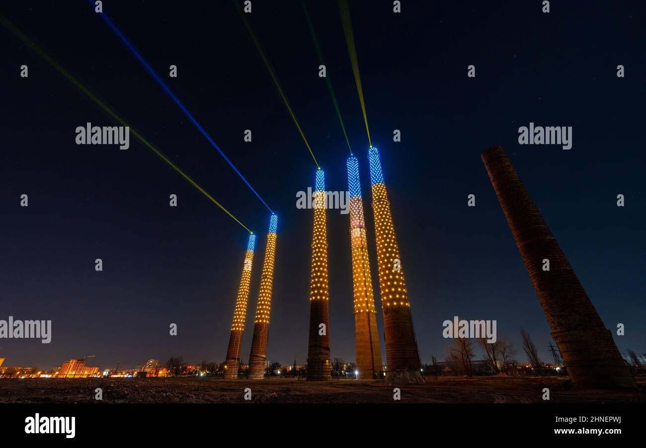 DNIPRO, UKRAINE - FEBRUARY 16, 2022 - Lasers and pixel lights mounted ...