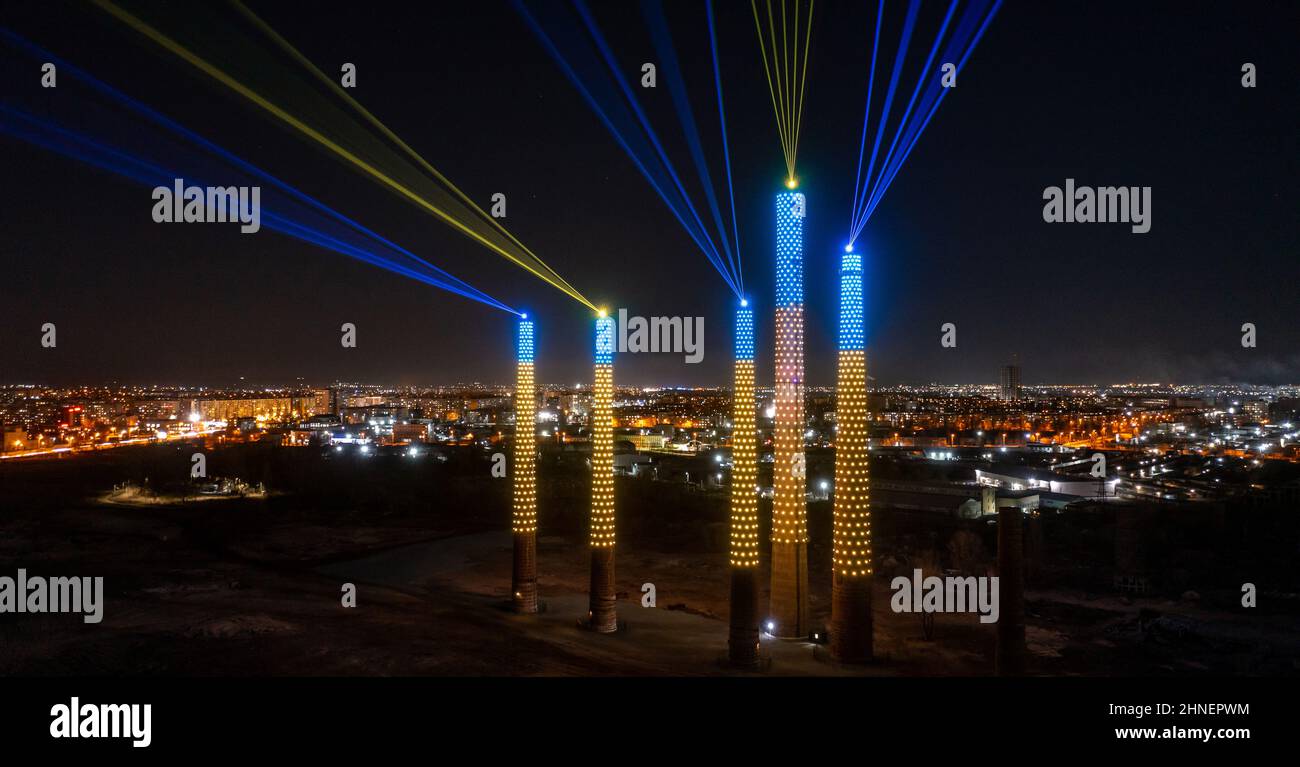 DNIPRO, UKRAINE - FEBRUARY 16, 2022 - Lasers and pixel lights mounted ...